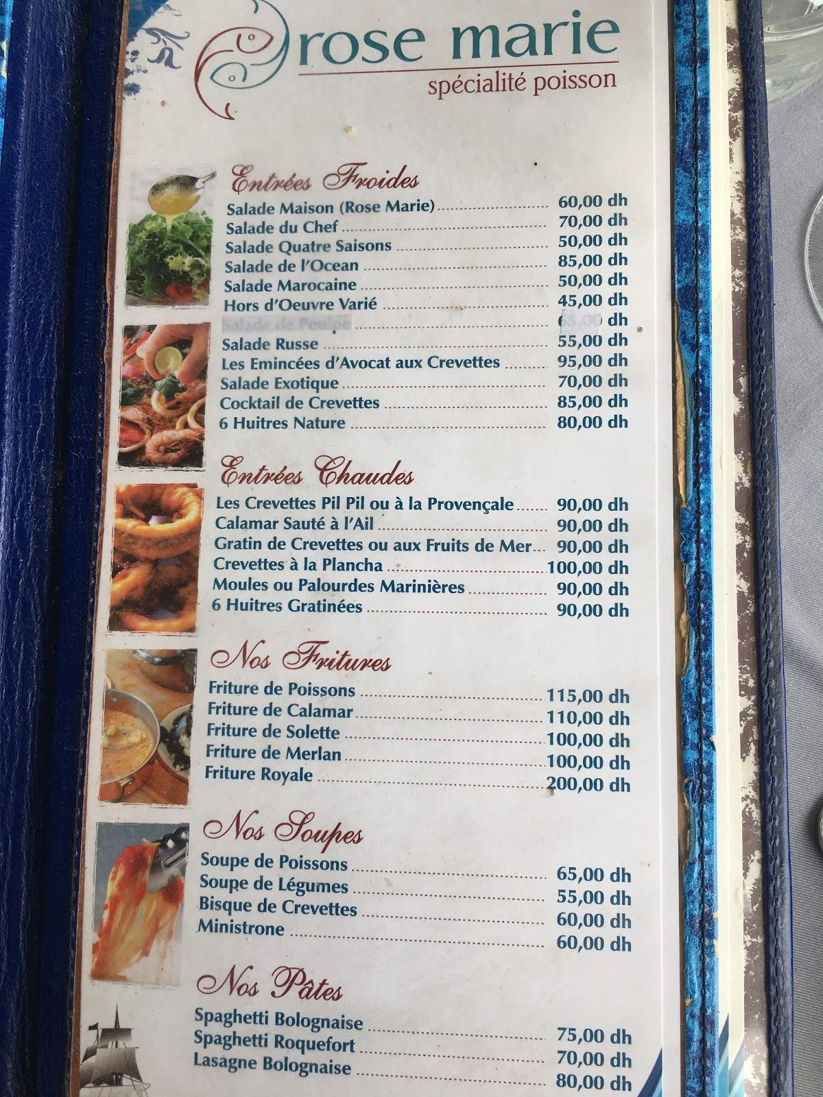 Menu au Rose Marie restaurant, Skhirat, VXQP+J8H