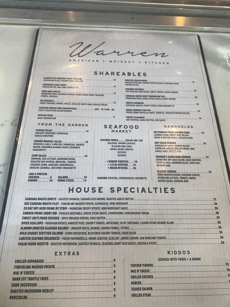 Menu at Warren - American.Whiskey.Kitchen pub & bar, Boca Raton