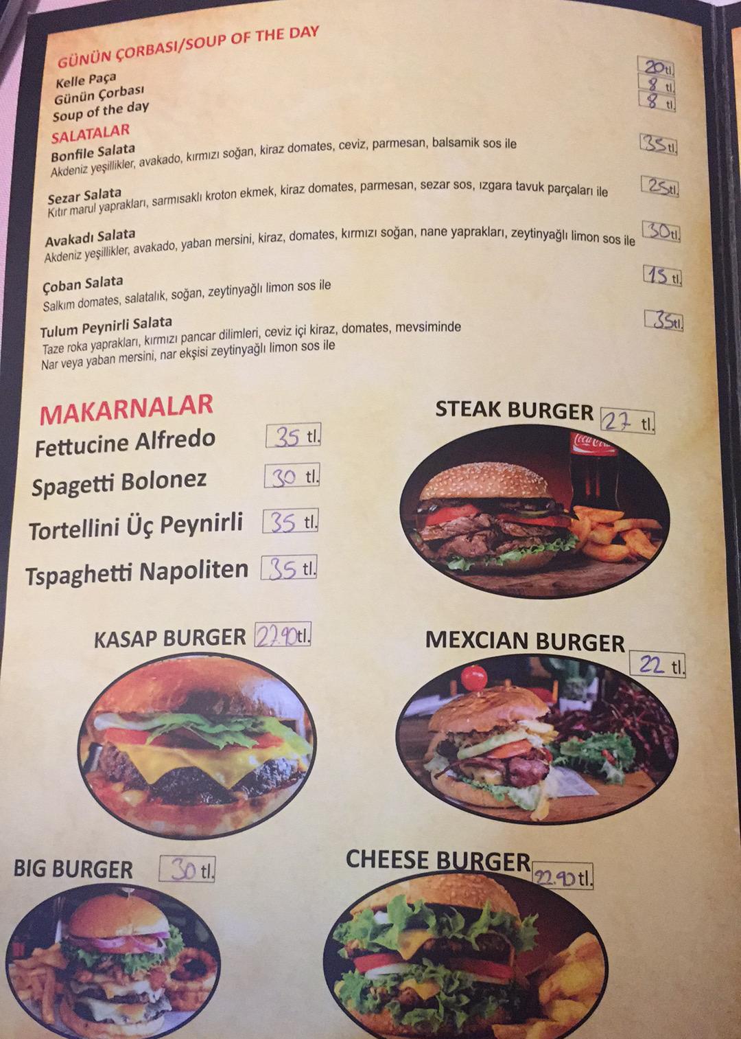 Menu at Bozo Burger, Alanya