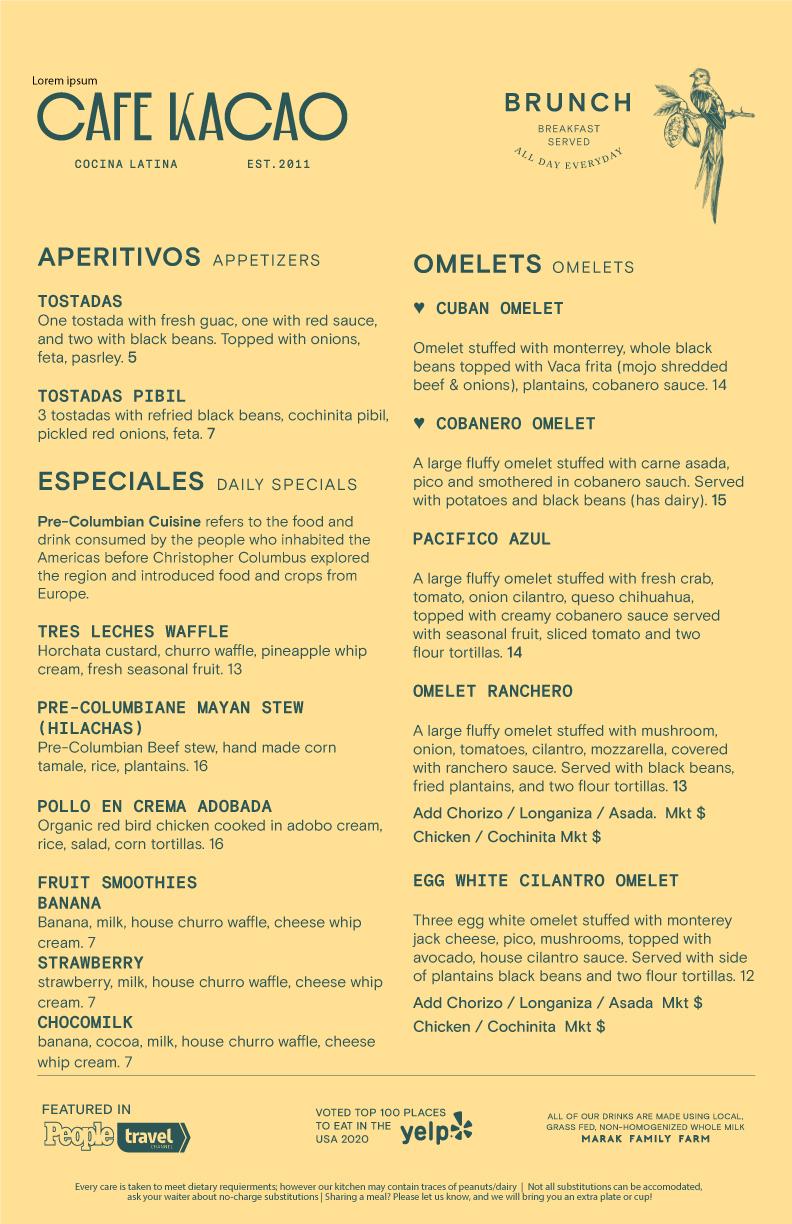 Menu at Cafe Kacao, Oklahoma City