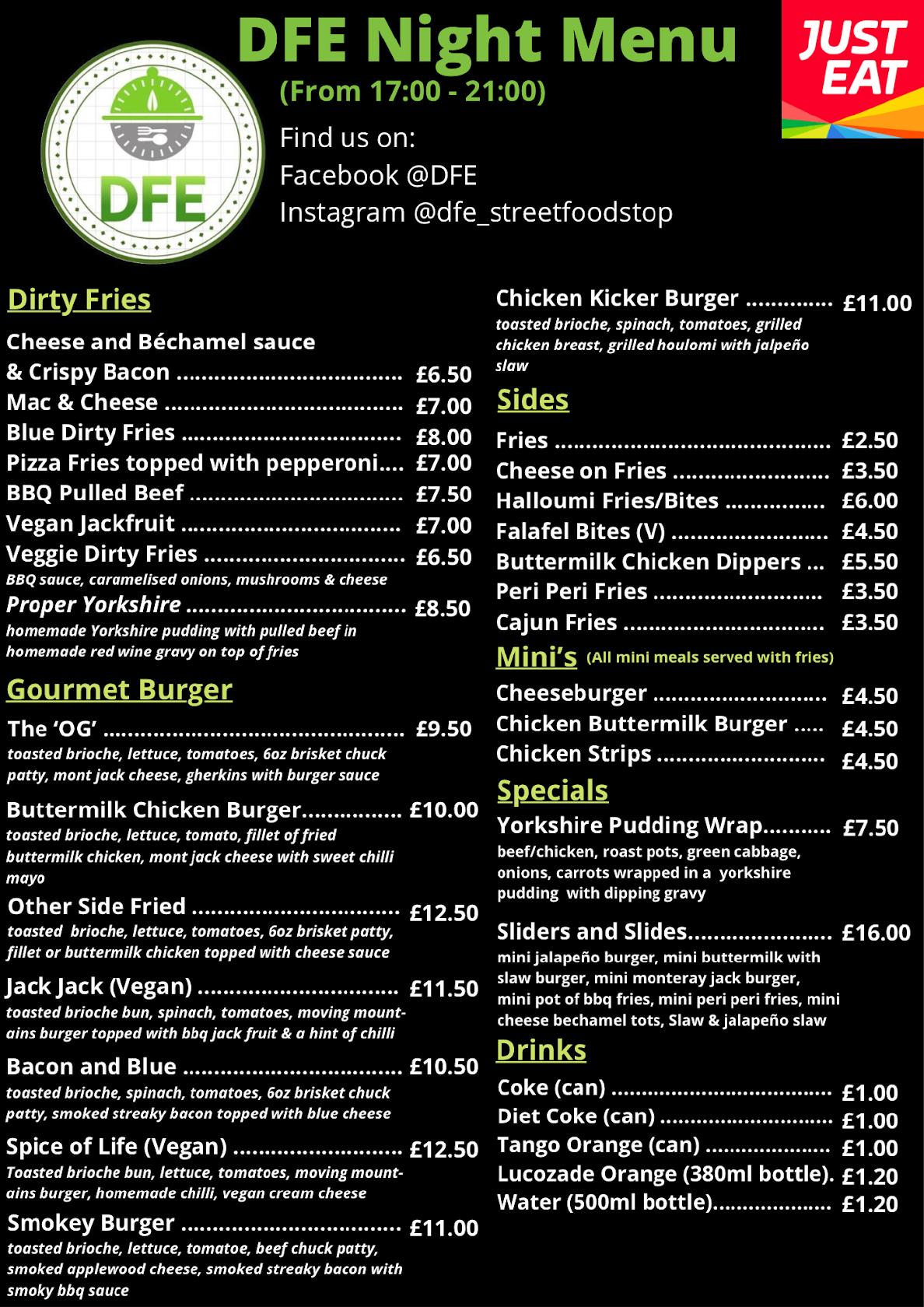 Menu at DFE Street Food restaurant, Brighouse, 18 Lightcliffe Rd