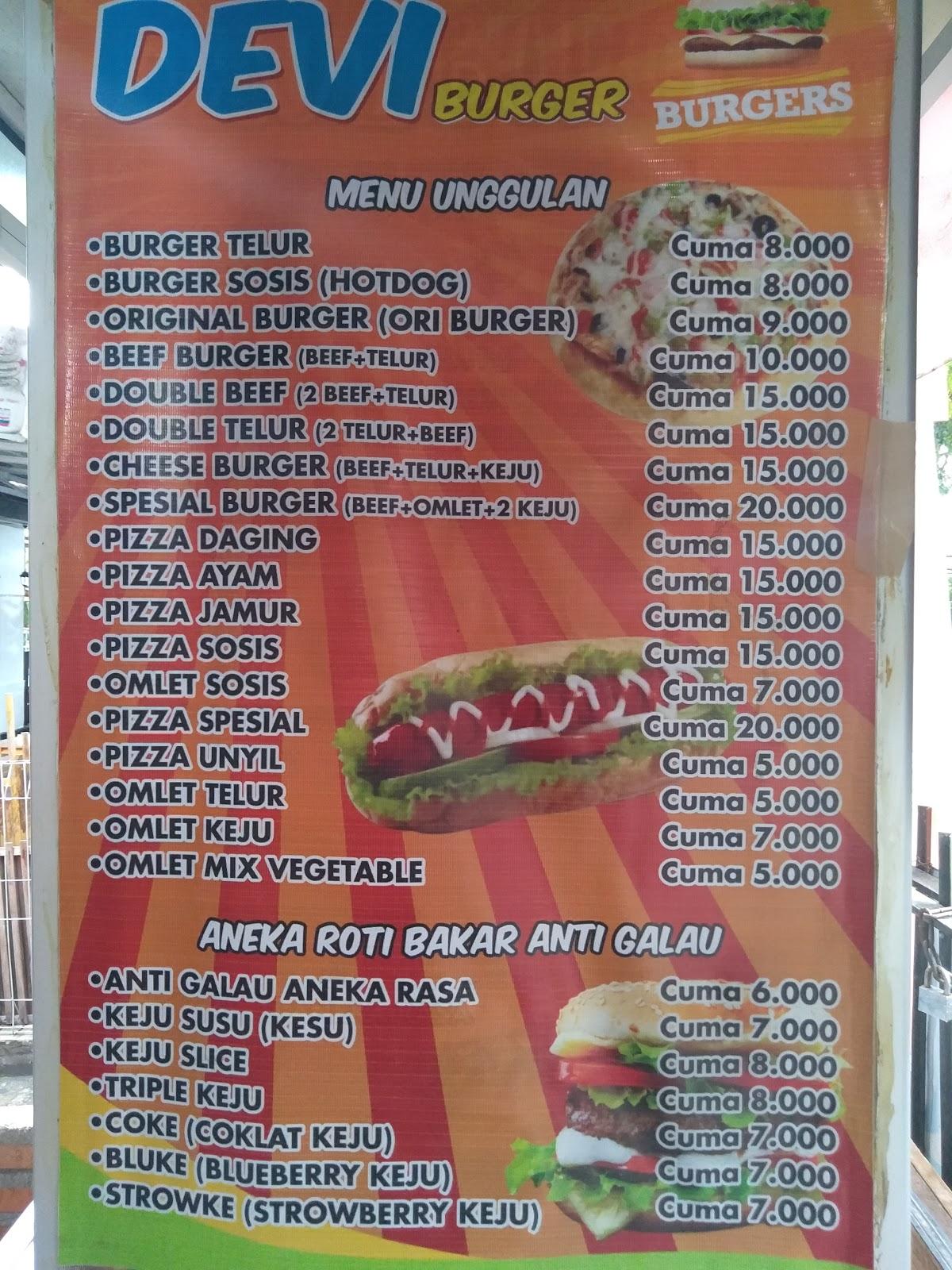 Menu at Devi Burger restaurant, Bukittinggi