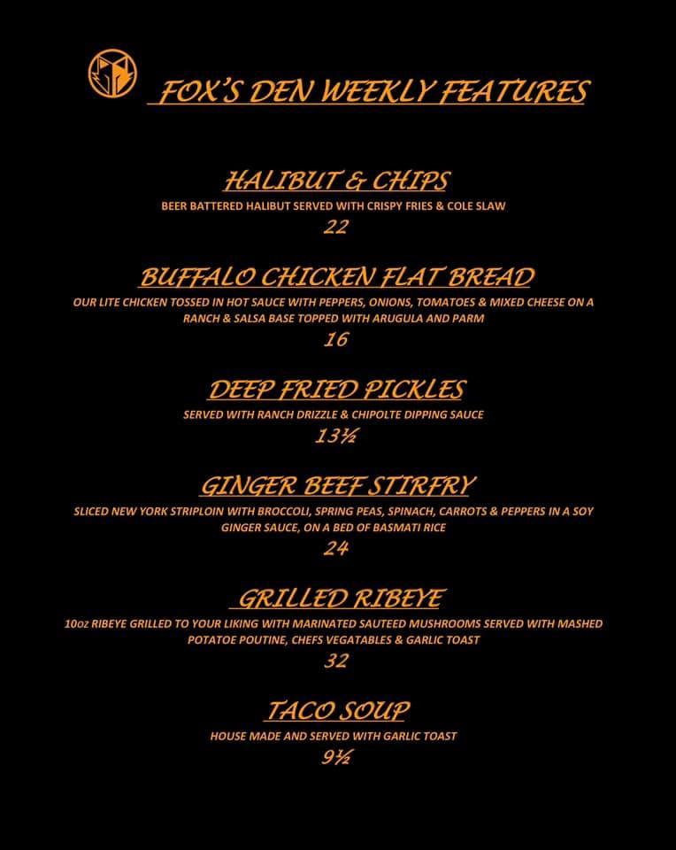 Menu at Fox's Den Bar & Grill, Williams Lake