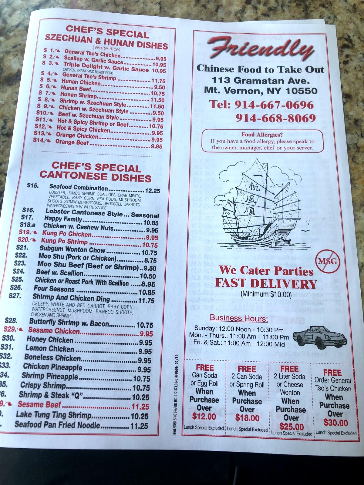 Menu at Friendly restaurant, Mount Vernon