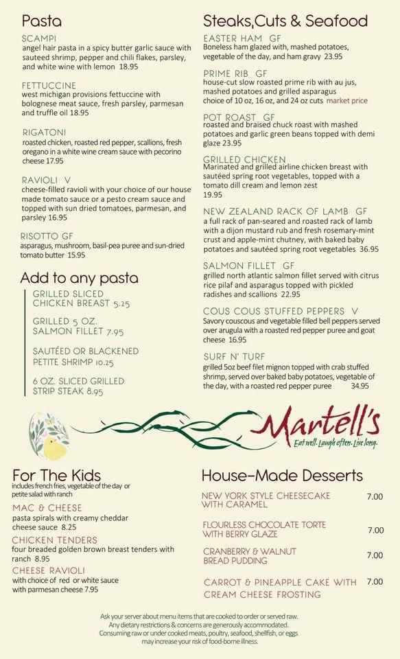 Menu at Martell's restaurant, Kalamazoo