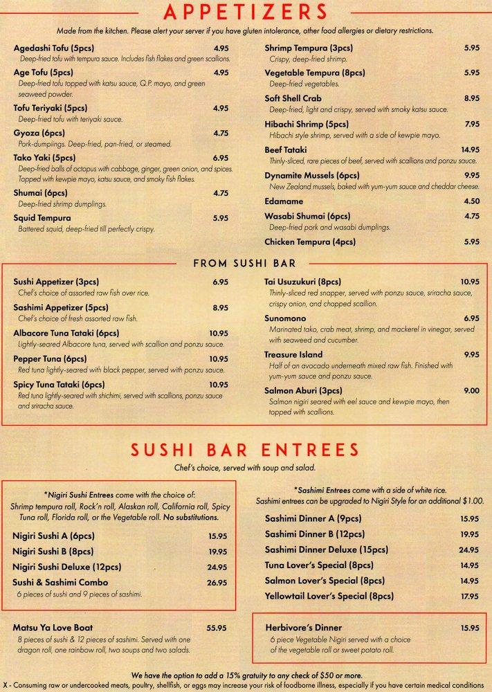 Menu at Matsu Ya Sushi Bar & Grill, Stevens Point