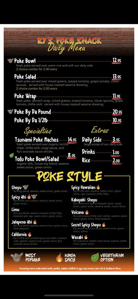 Menu at Ry's Poke Shack restaurant, Kahuku