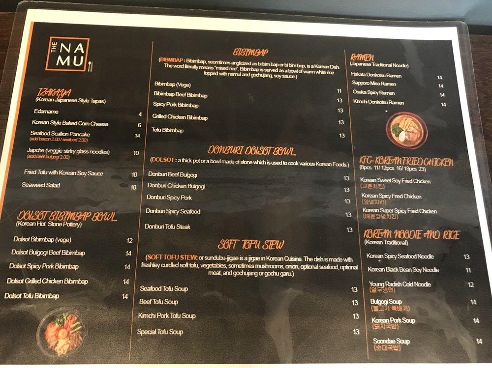 Menu at THE NAMU Korean Japanese kitchen & izakaya restaurant, Coral ...