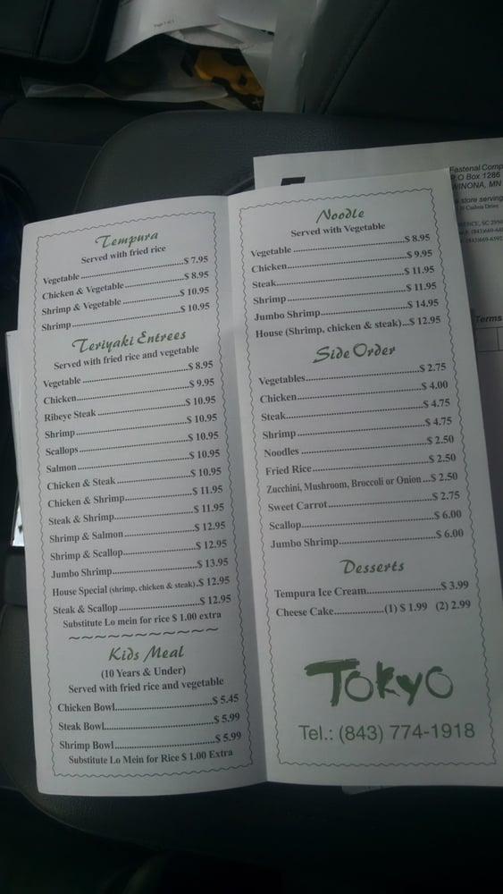 Menu at Tokyo Japanese Restaurant, Dillon