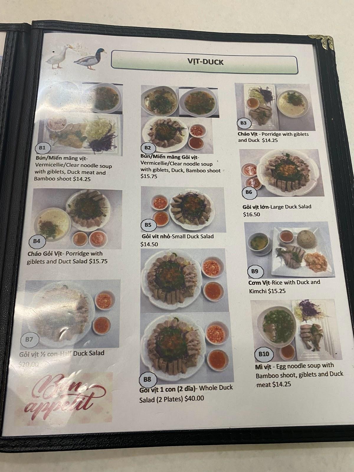 Menu at Vịt Đông Quê restaurant, San Jose