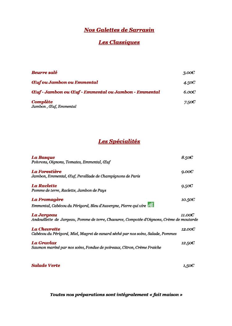 Menu au Auberge du Cheval Rouge restaurant, Châtillon-Coligny