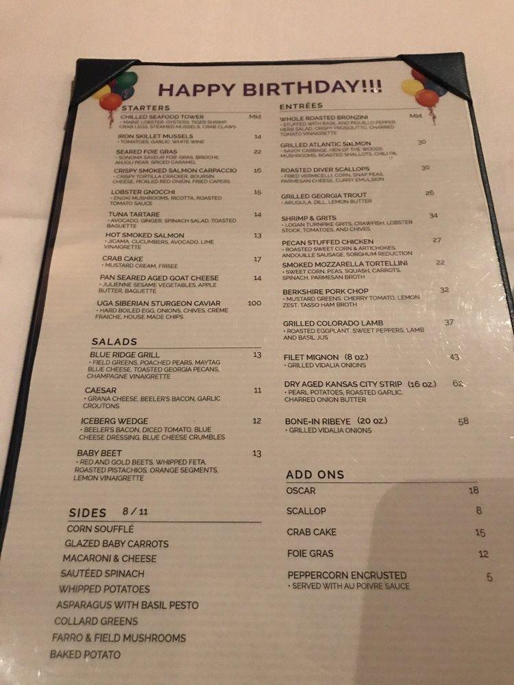 Menu at Blue Ridge Grill desserts, Atlanta