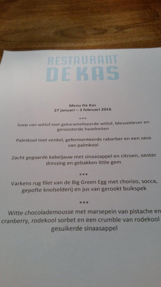 Menu at De Kas, Amsterdam