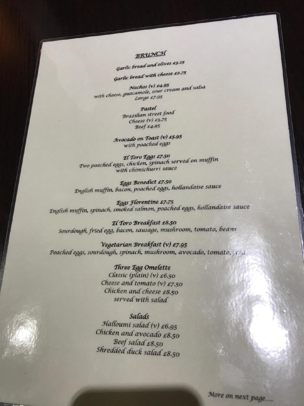 Menu at El Toro restaurant, Portsmouth