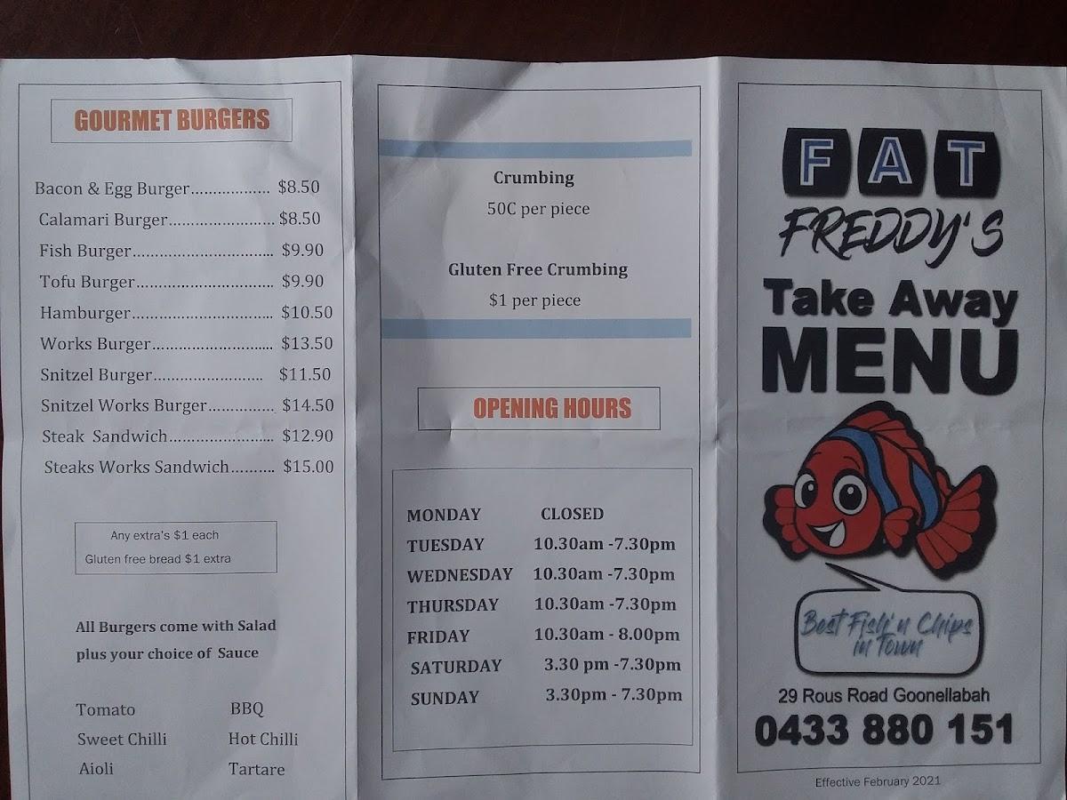 Menu at FAT Freddy's Fish Bar Take Away., Goonellabah