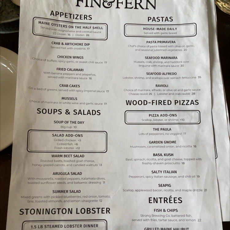 Carta del restaurante Fin and Fern, Stonington
