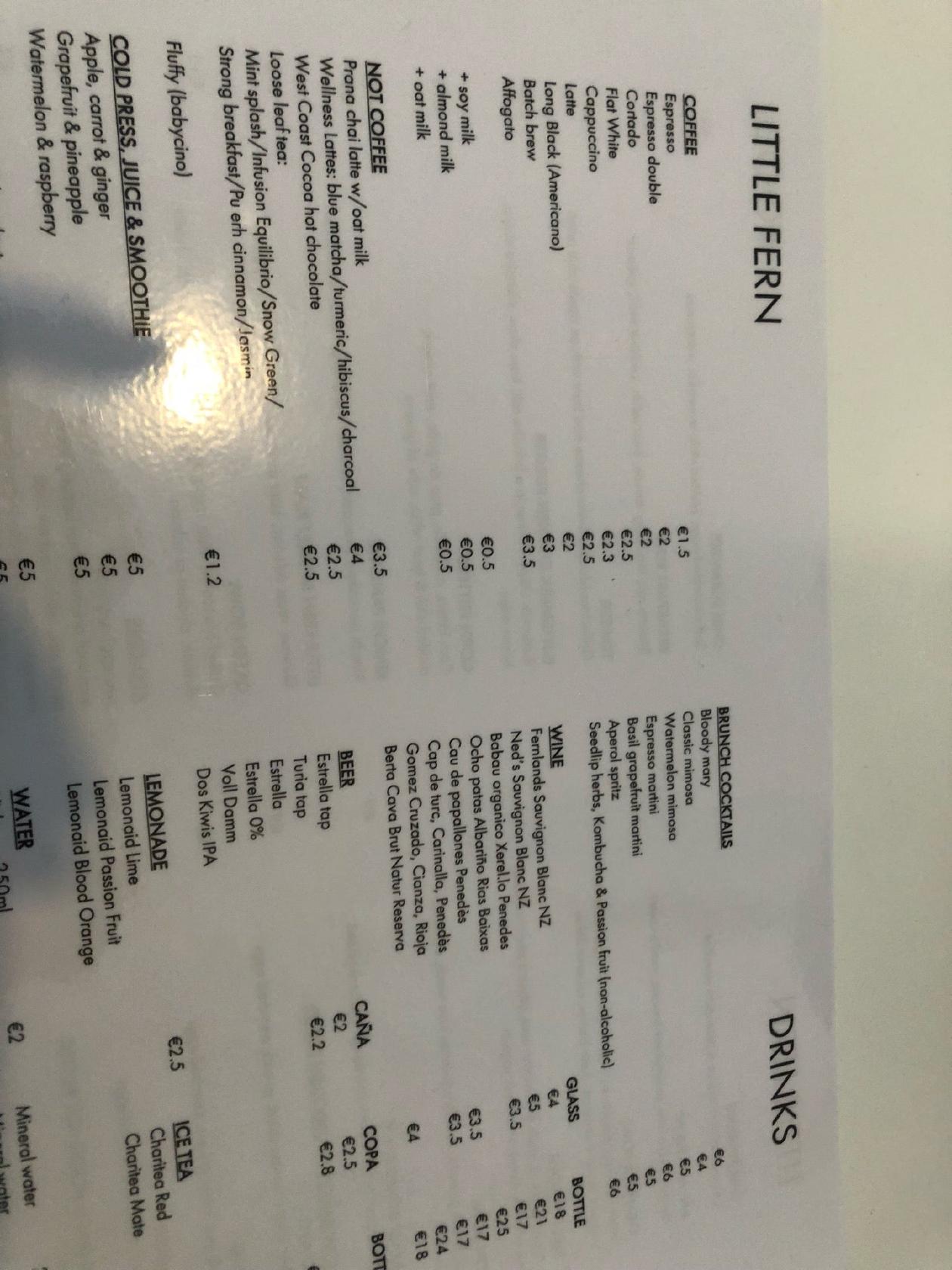 Menu at Little Fern cafeteria, Barcelona