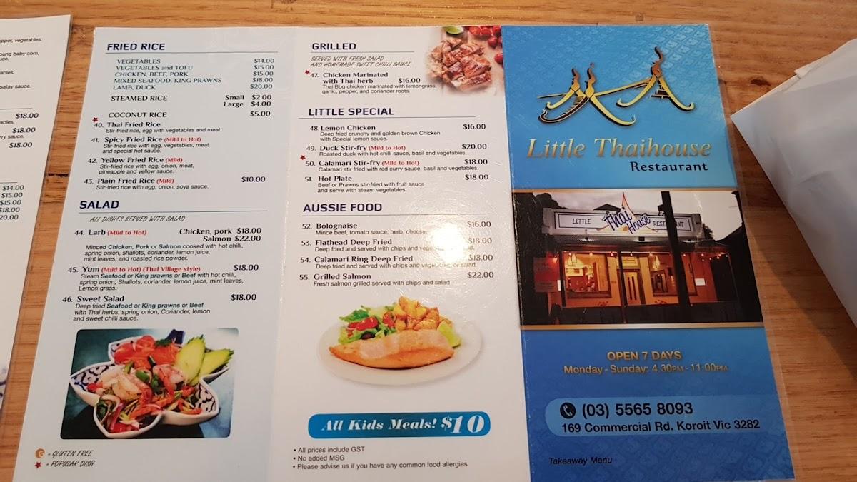 Menu at Little Thai House restaurant, Koroit