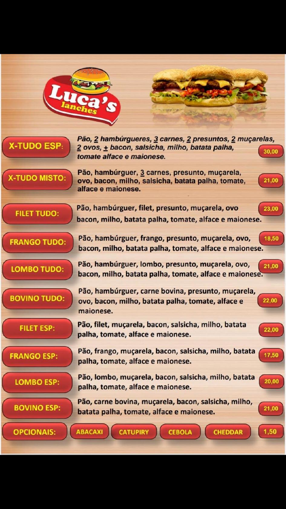 Menu at Luca's Lanches cafeteria, Ibiá