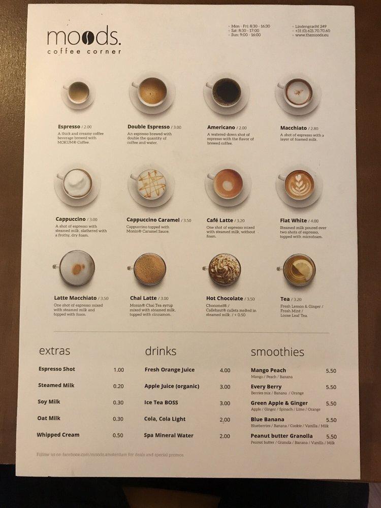 Menu at Moods Coffee Corner, Amsterdam