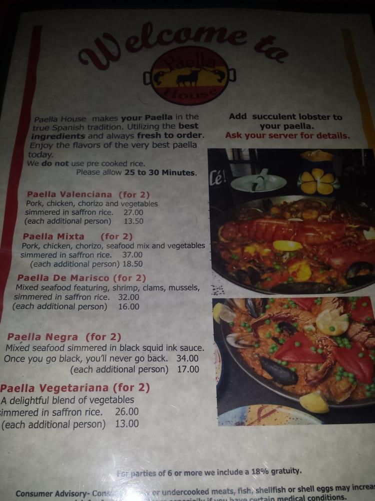 Menu at Paella House restaurant, Orlando