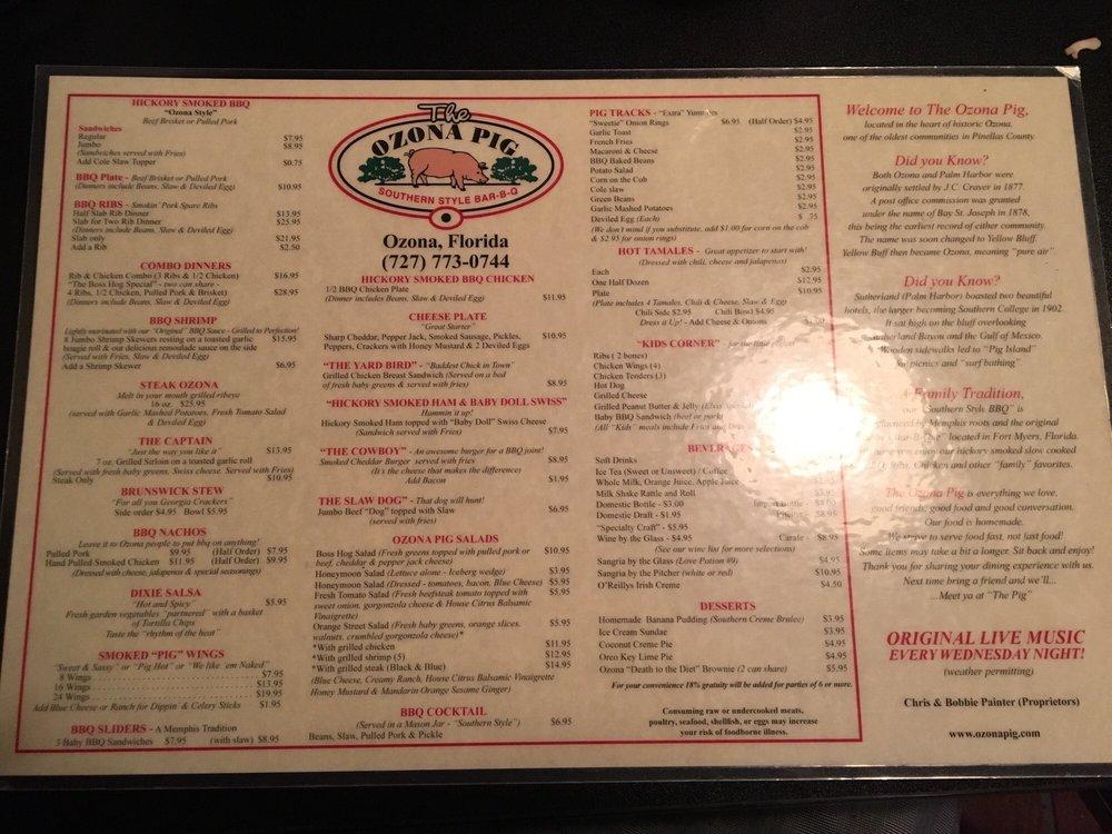 Menu at The Ozona Pig BBQ, Palm Harbor