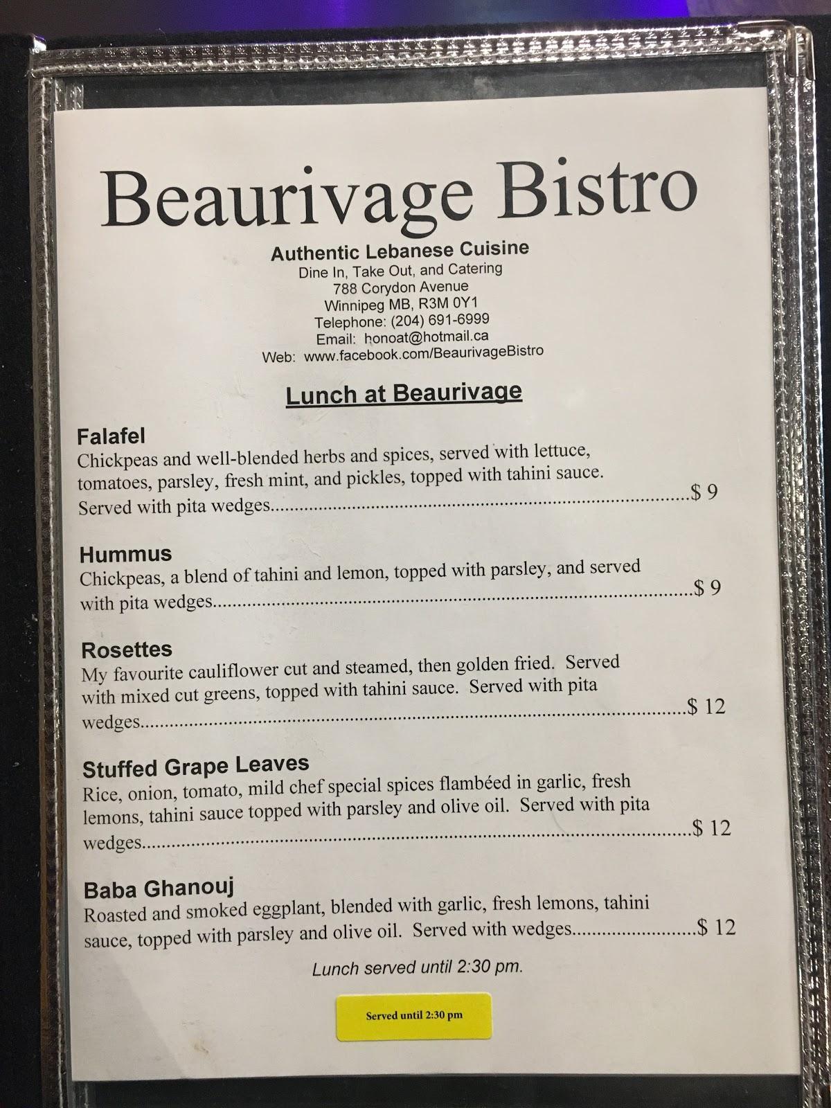 Menu at Beaurivage Bistro & Cafe, Winnipeg, 788 Corydon Ave