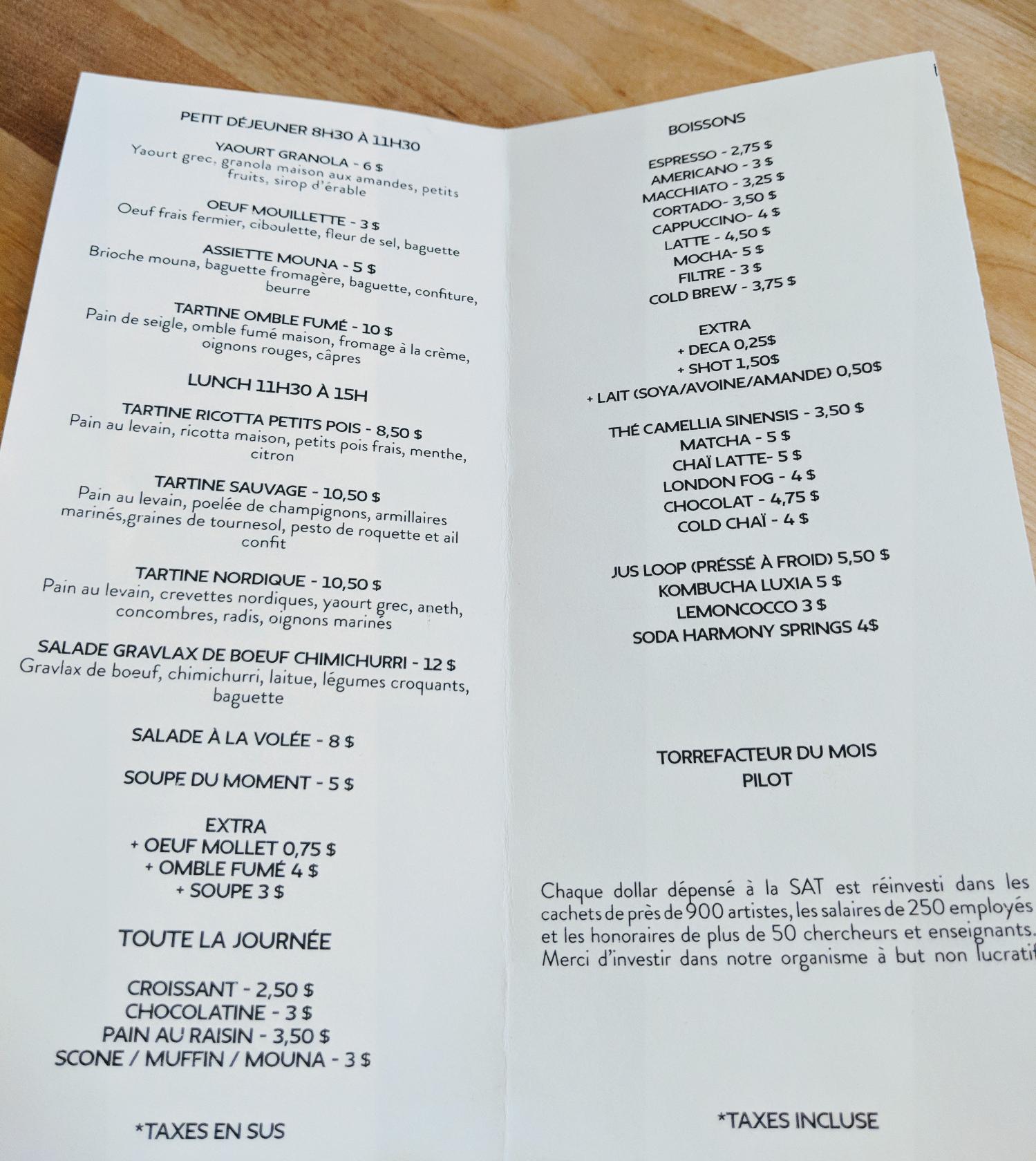 Menu au Café SAT, Montréal