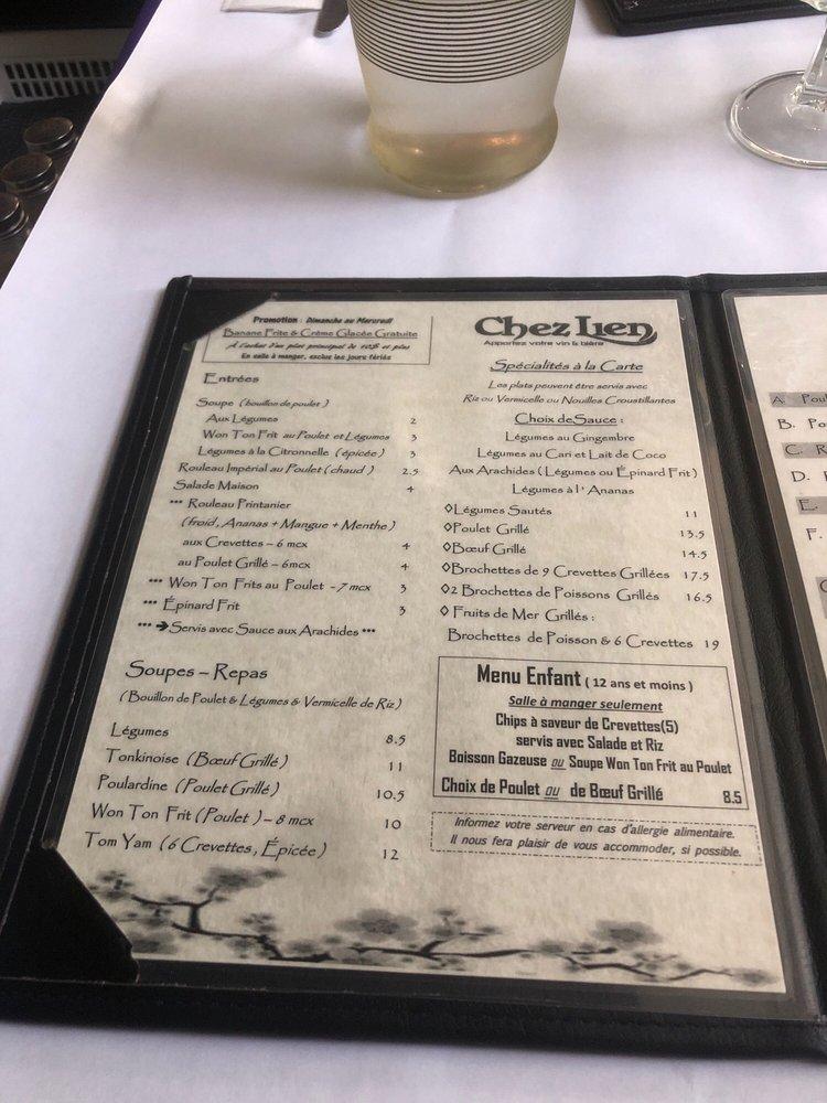 Menu au Chez Lien restaurant, Laval, Bd Curé-Labelle