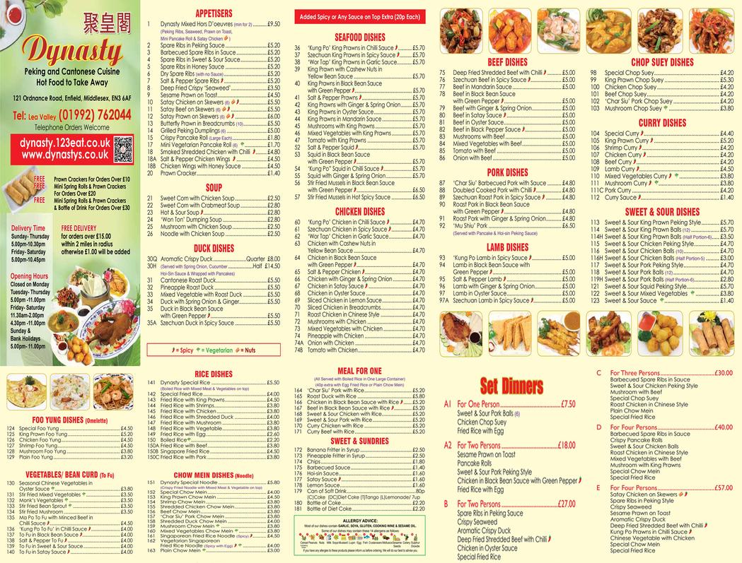 Menu at Dynasty restaurant, Enfield, 121 Ordnance Rd