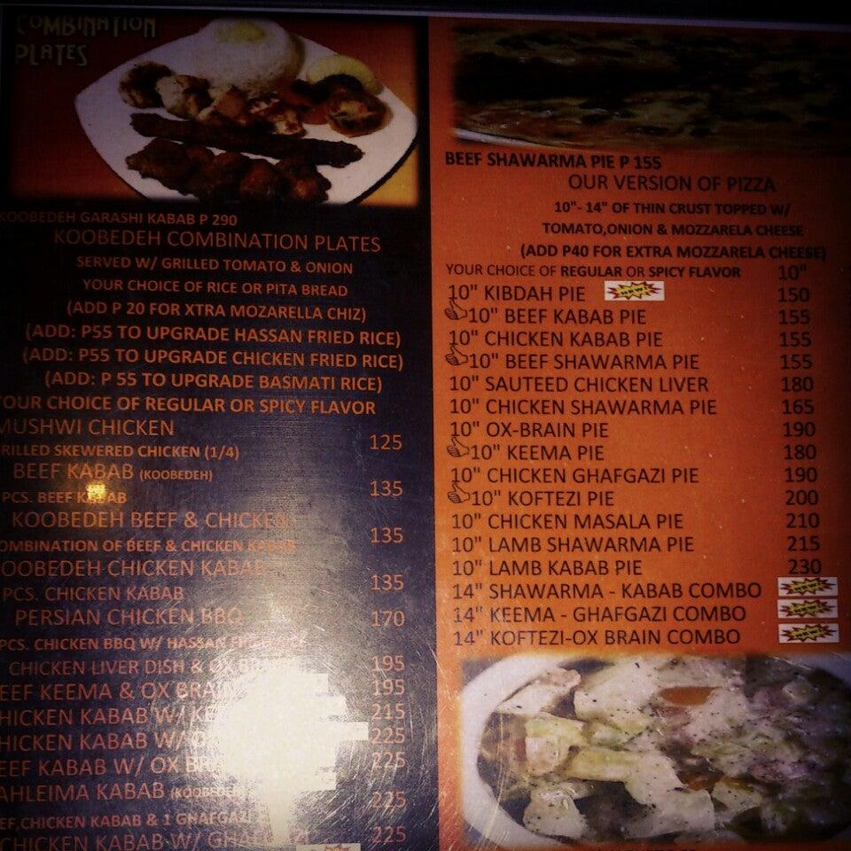 Menu at Hassan Kabab And Steaks Inc restaurant, Cainta