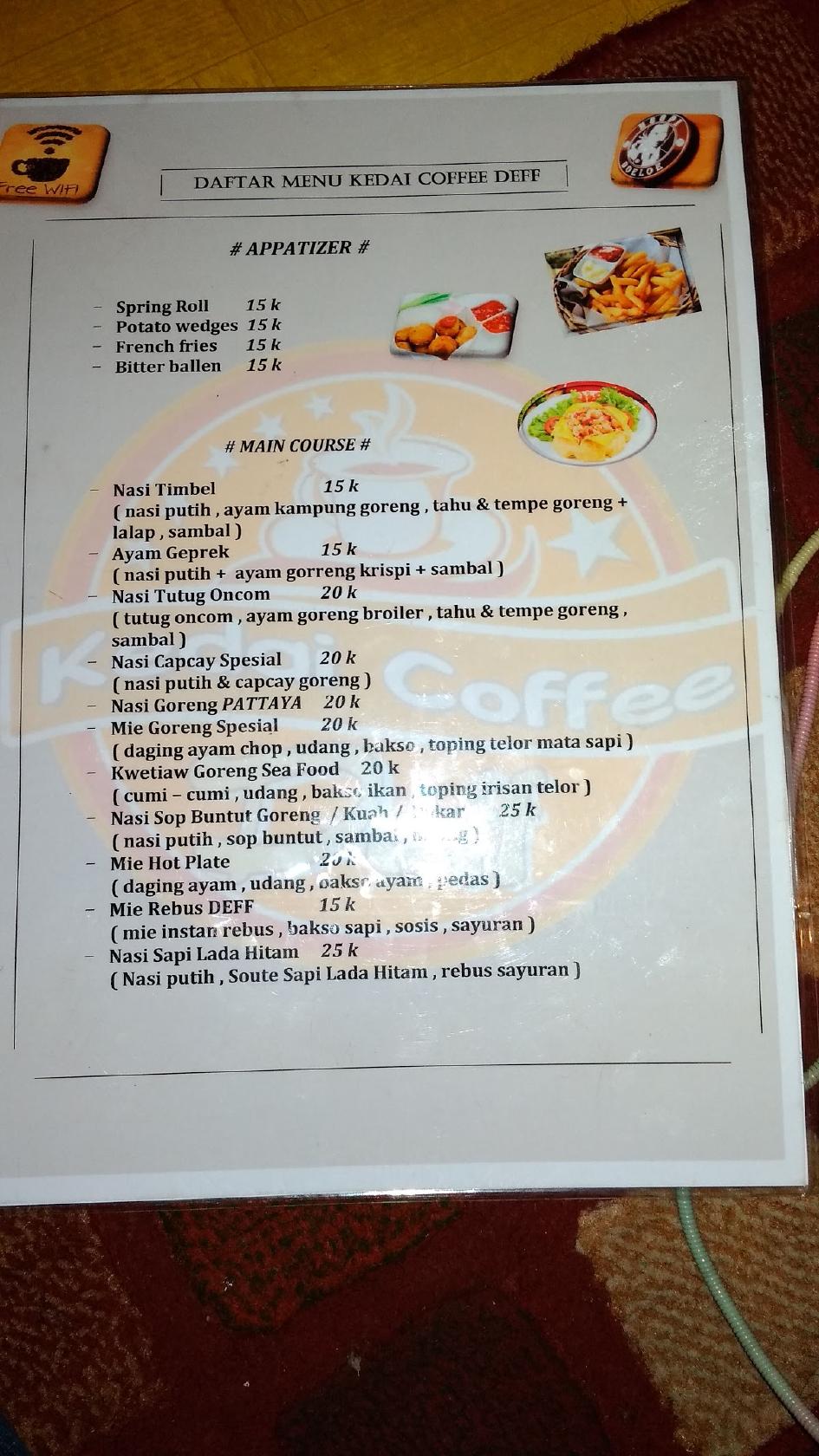 Menu at KEDAI COFFEE DEFF cafe, Pangandaran