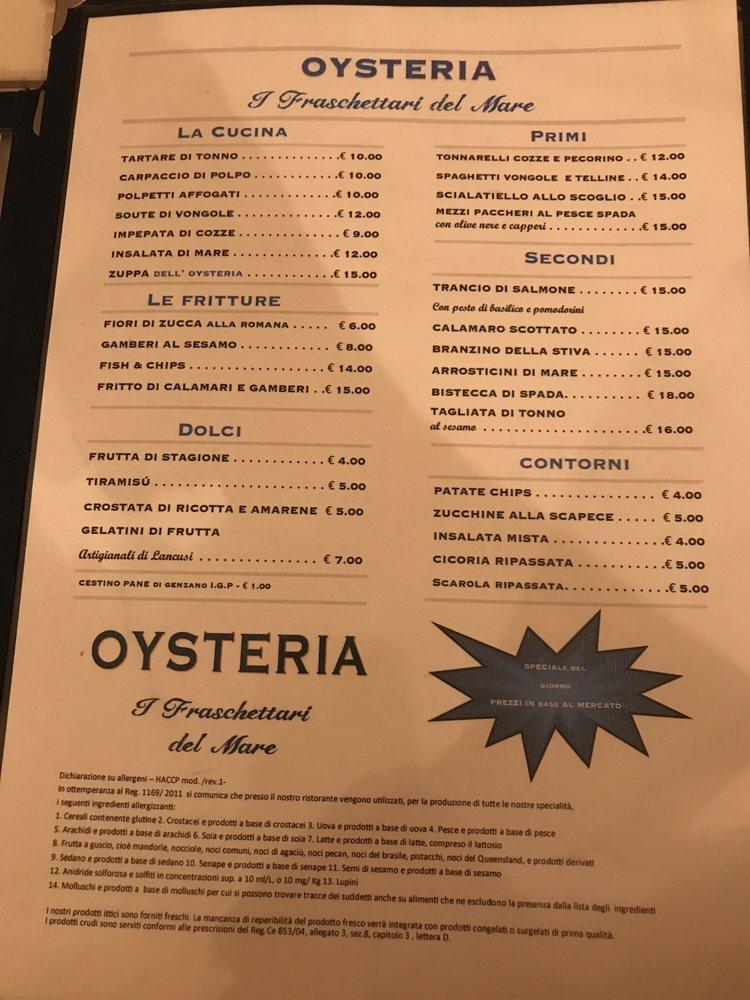 Menu au Oysteria restaurant, Rome, Via Mattia Battistini