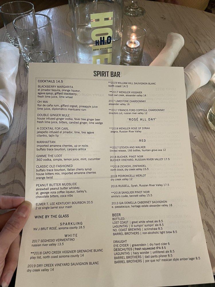 Menu at Spirit Bar, Healdsburg