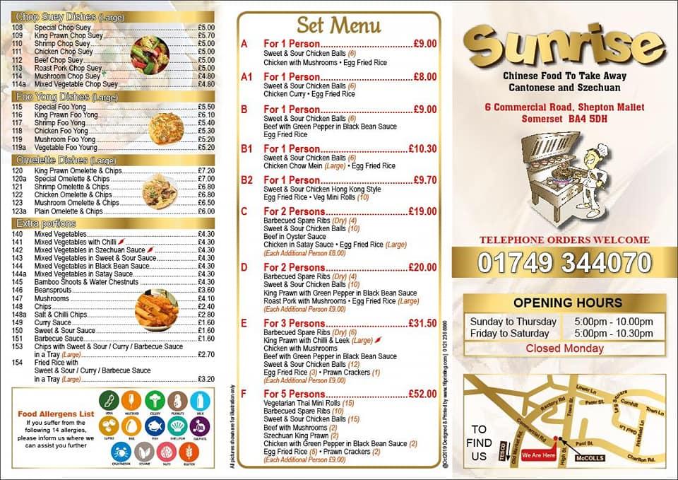 Menu at Sunrise fast food, Shepton Mallet