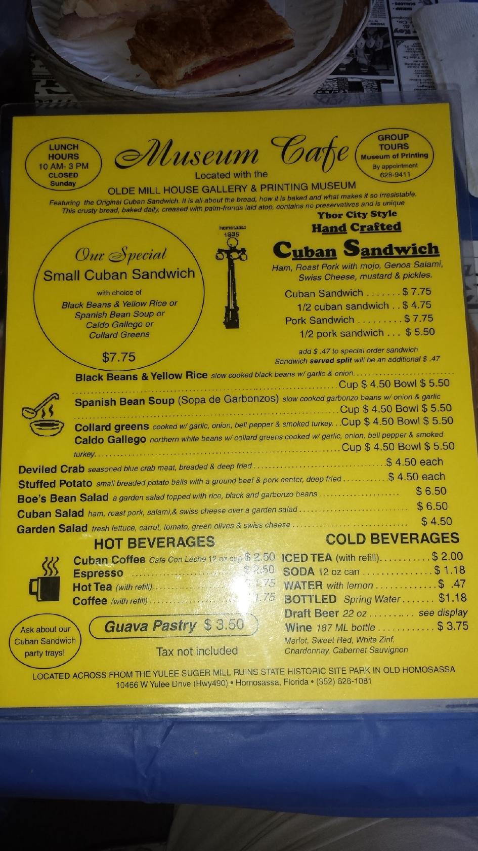 Menu at The Museum Cafe, Homosassa