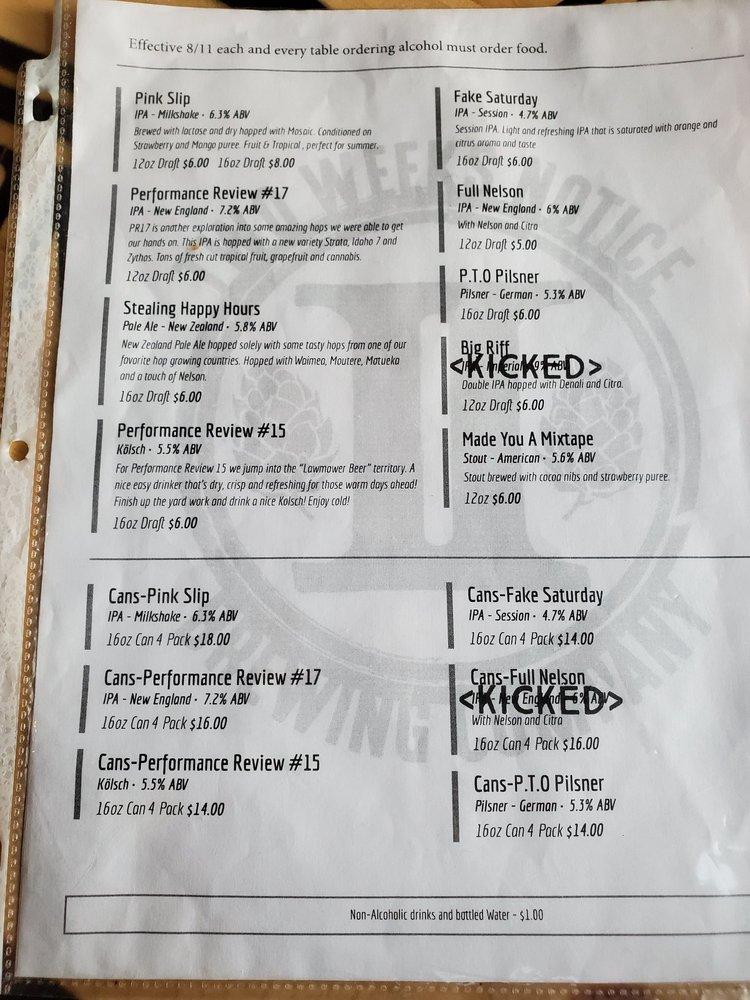 Menu at Two Weeks Notice, West Springfield