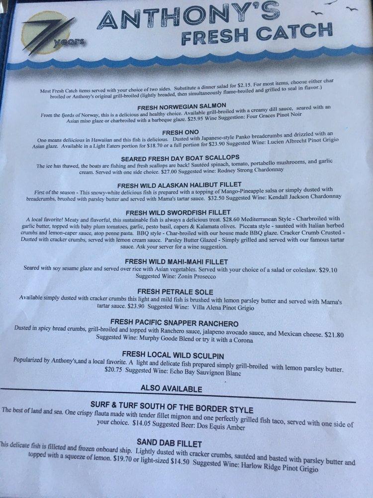 Menu at Anthony's Fish Grotto restaurant, La Mesa, Murray Dr