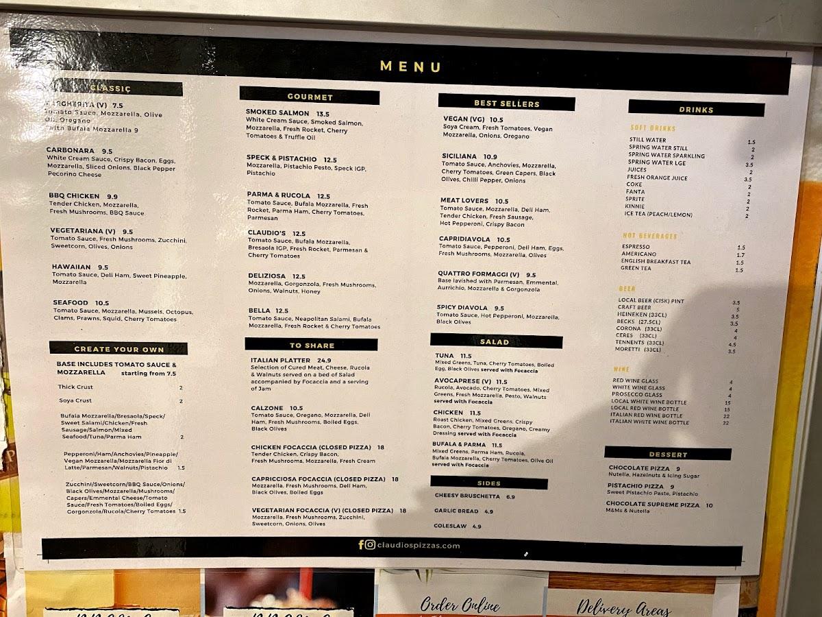 Menu at Claudio's Pizzas restaurant, Saint Julian's