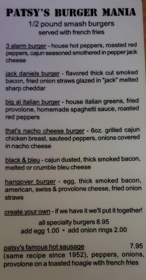 Menu at Patsy's Bar, Youngstown, Wilson Ave