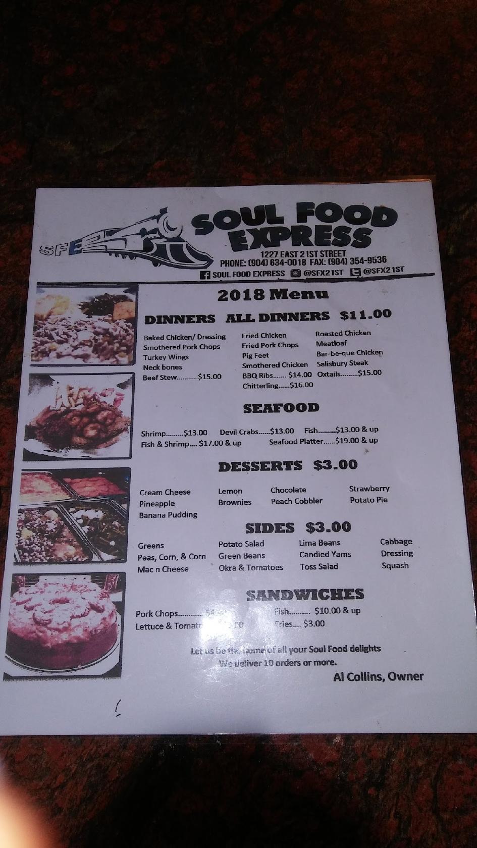 Menu at Soul Food Express restaurant, Jacksonville, E 21st St