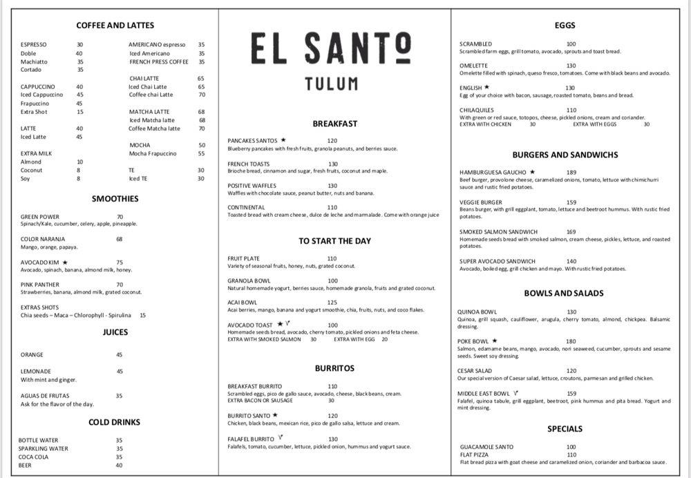 Carta del restaurante El Santo Tulum, Tulum