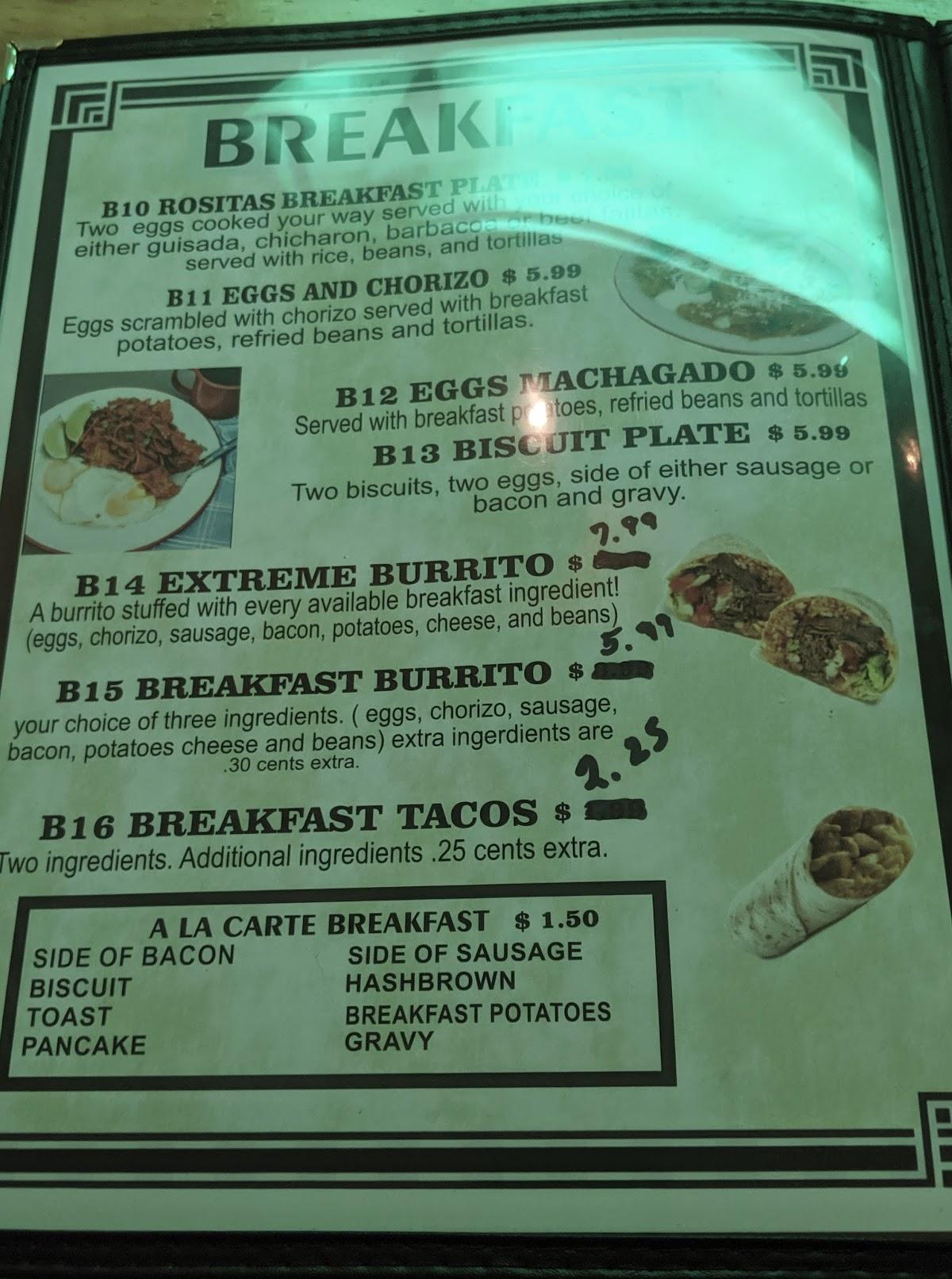 Menu at Rositas Taqueria restaurant, Waco