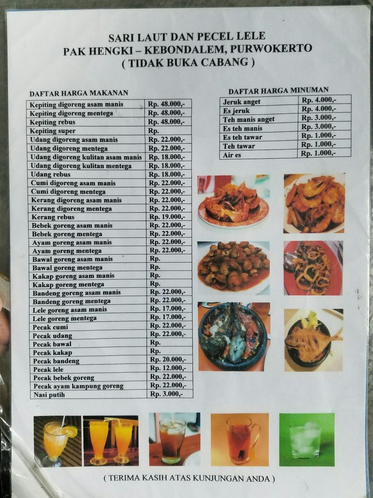 Menu at Seafood Pak Hengki restaurant, Purwokerto