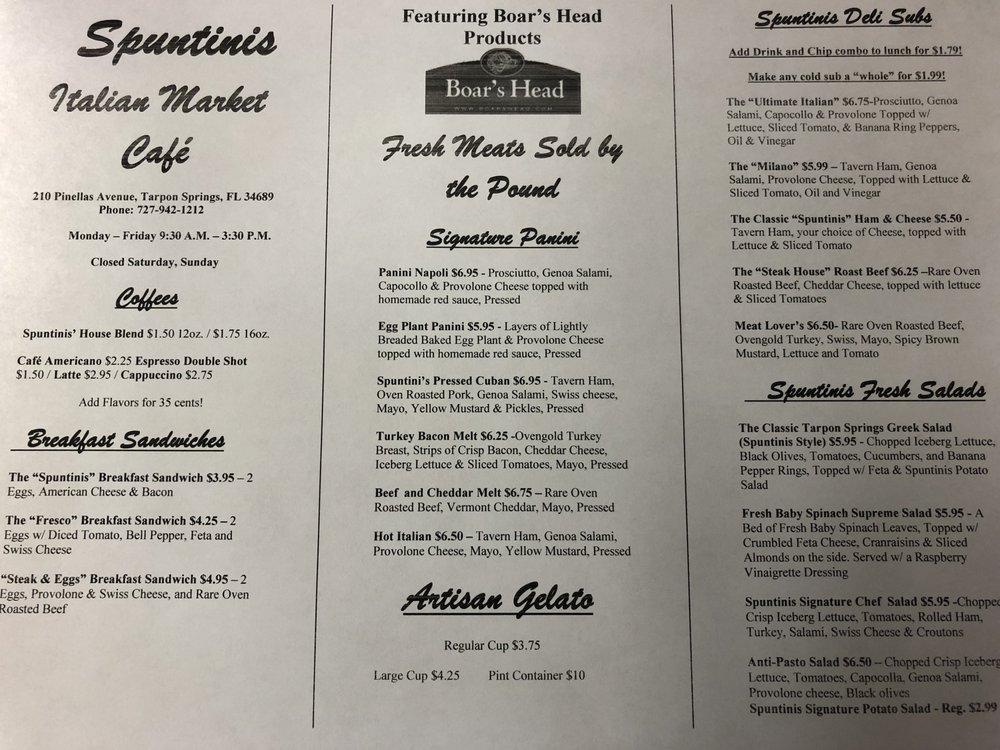 Menu at Spuntini's Italian Market Cafe, Tarpon Springs
