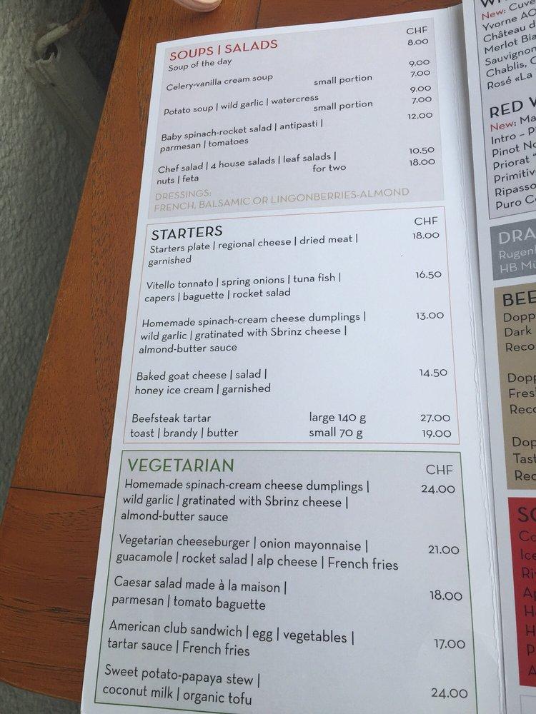 Menu at Taverne, Interlaken