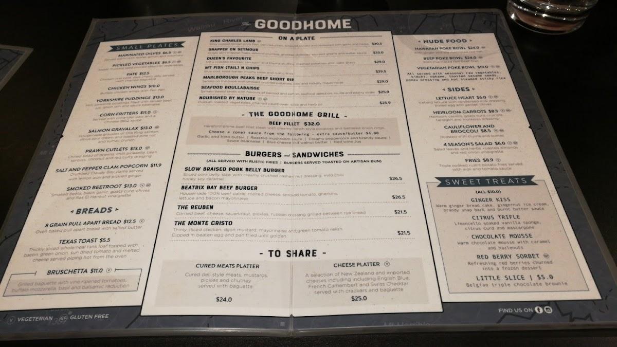 Menu at The Goodhome Marlborough restaurant, Blenheim