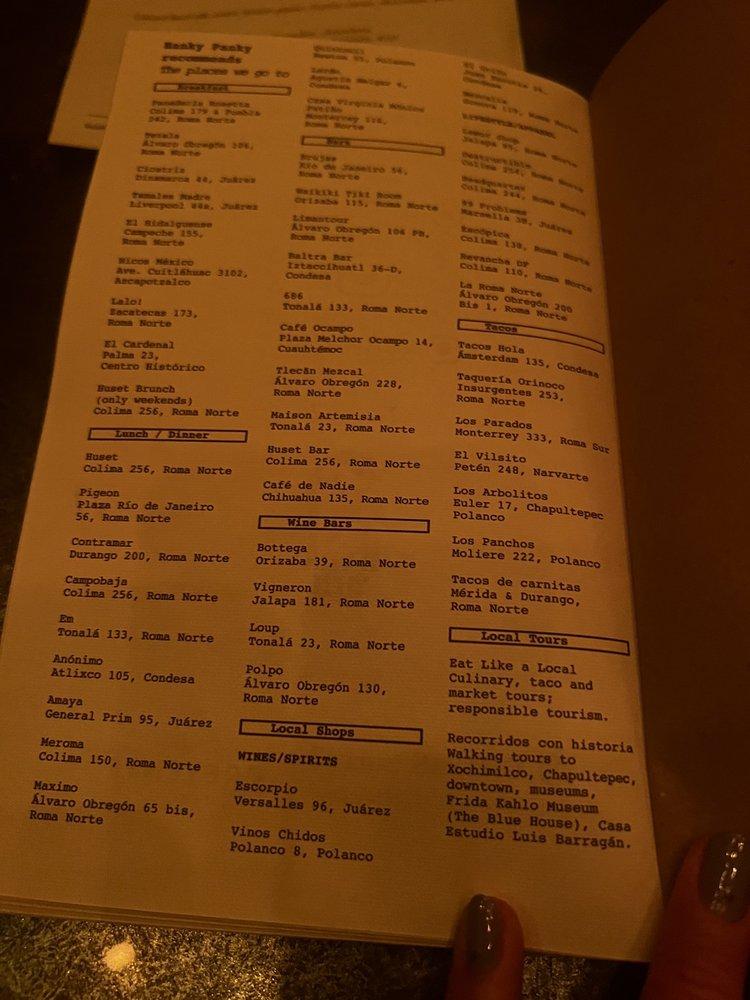 Menu at Hanky Panky Cocktail Bar, Mexico City