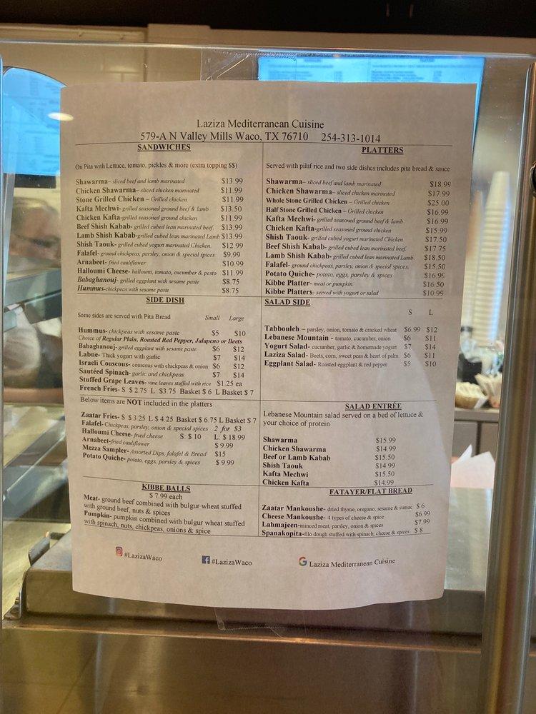 Menu at Laziza Mediterranean Cuisine restaurant, Waco