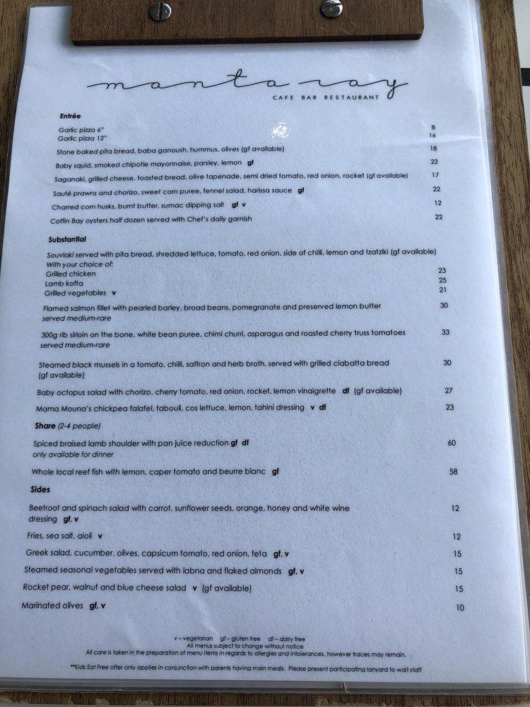 Menu at Manta Ray pizzeria, Hamilton Island